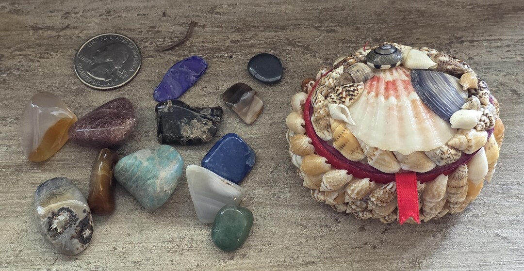 Small Handmade Shell Encrusted Trinket Box With Polished Stones - Etsy