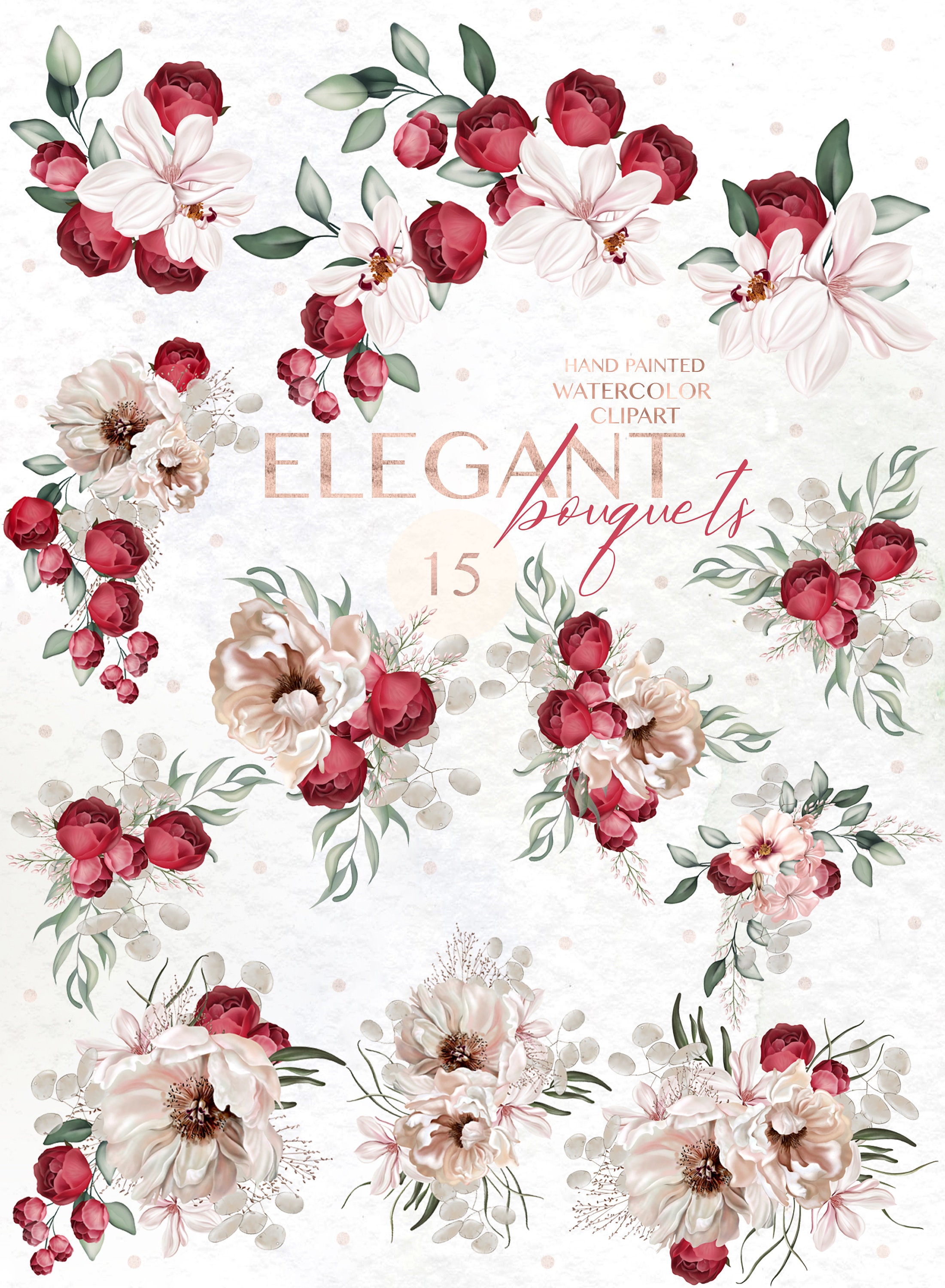 Floral Clipart, Peonies, Peony Buds, Greenery, Watercolor Bouquets ...