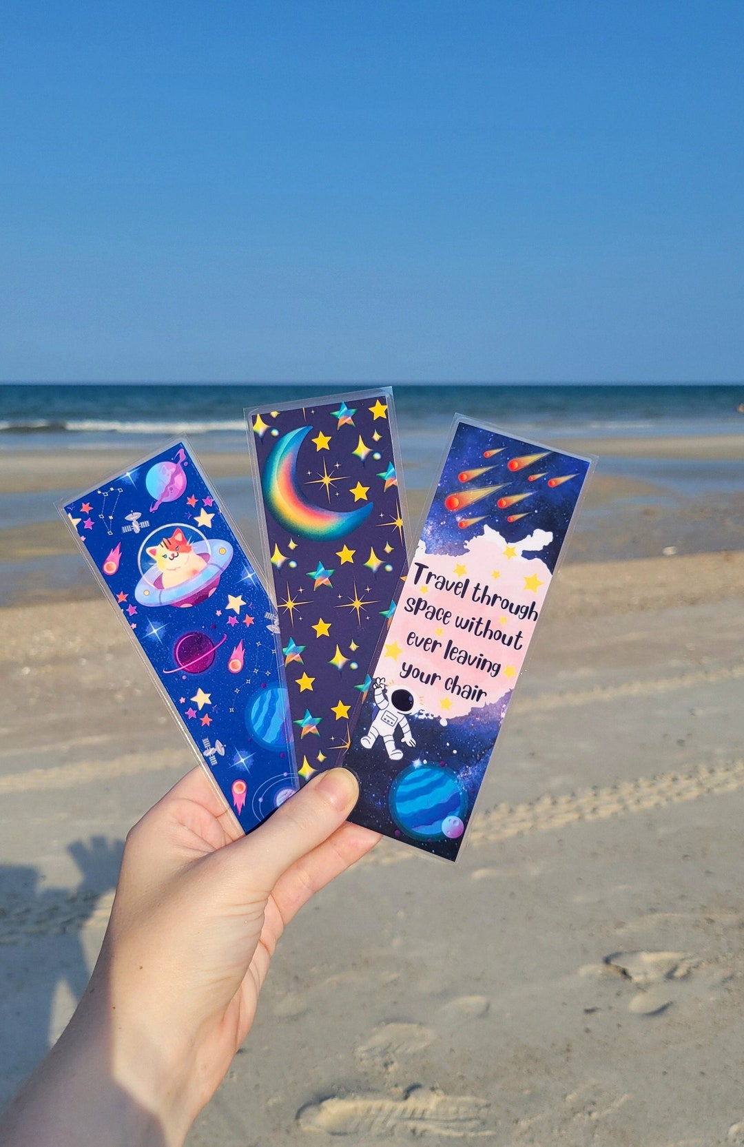 Cute Laminated Space Bookmarks Cat Moon and Stars Astronaut Nasa ...