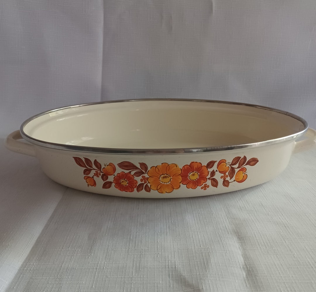 Oval Enamel Roaster/ Casserole With Orange Floral Pattern - Etsy