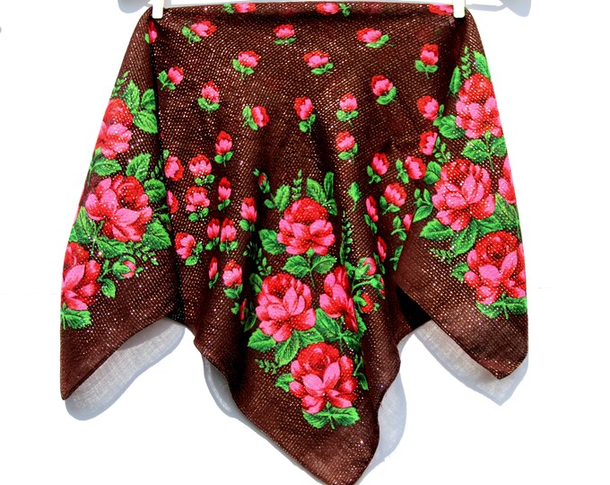 Soviet Vintage Brown Scarf With Slavic Red Floral Ornament Woomen ...