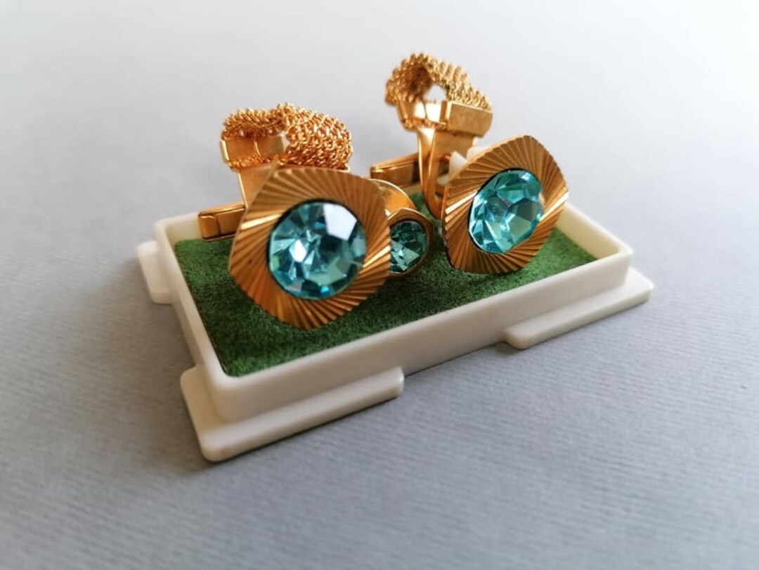 Retro Golden Cufflinks With Blue Jewel. Turquoise Crystal - Etsy