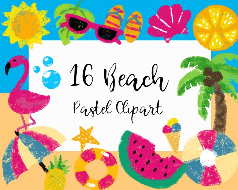 Beach Clipart, Pastel, Hand Drawn Beach Crayon Clipart, Tropical ...