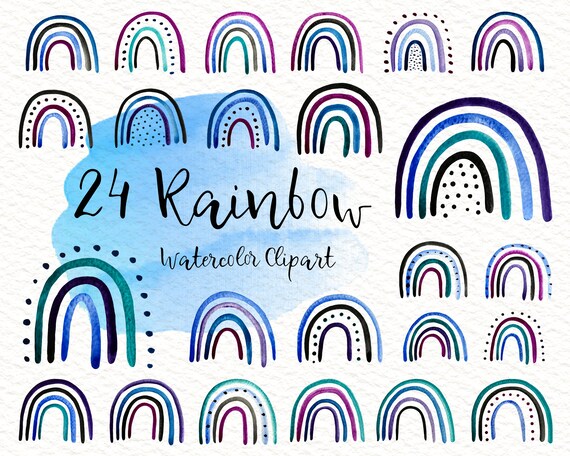 Blue Watercolor Rainbows Clipart Boy Boho Rainbow Hand Drawn - Etsy