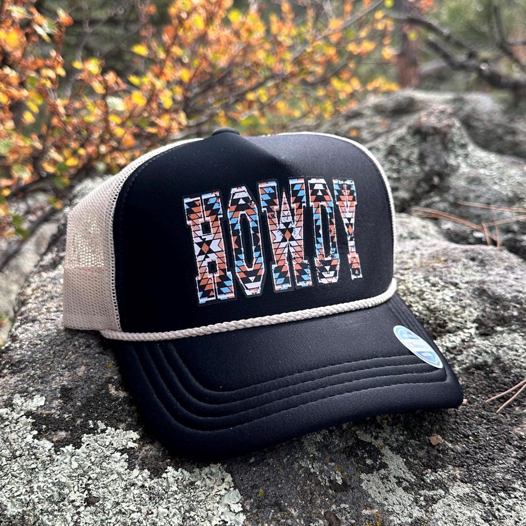 Howdy Rope Trucker Hat, Mid- Profile, Black and Light Tan Mesh Hat ...