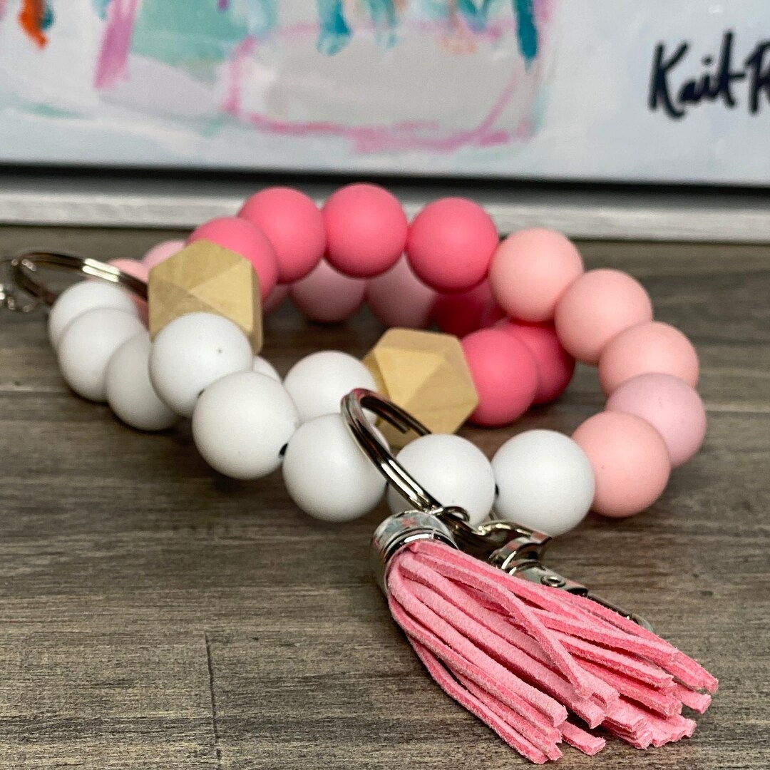 Pink and White Stretchy Color Block Silicone Keychain With Pink Tassel ...