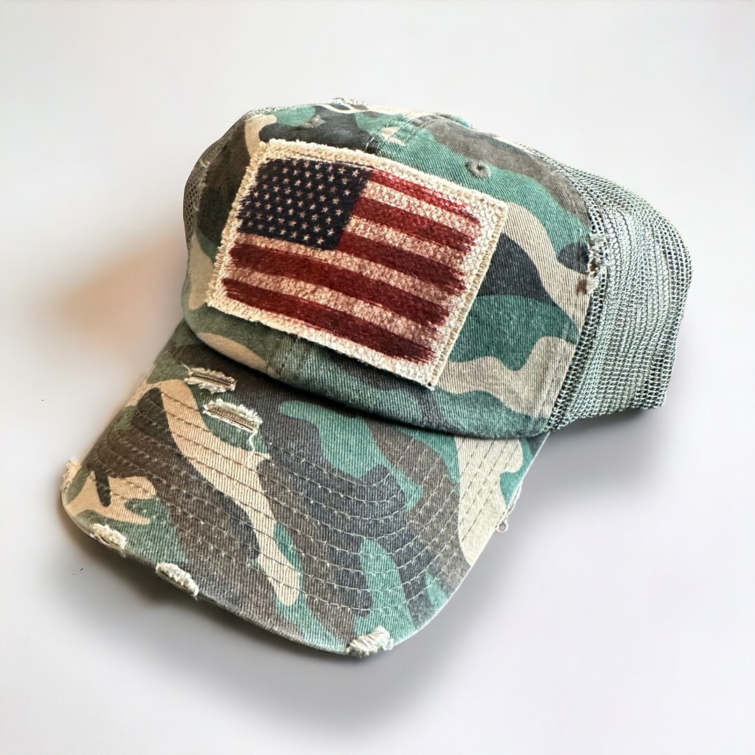 Rustic American Flag Patch Hat, Patriotic Mesh Trucker Hat, Choose Hat ...