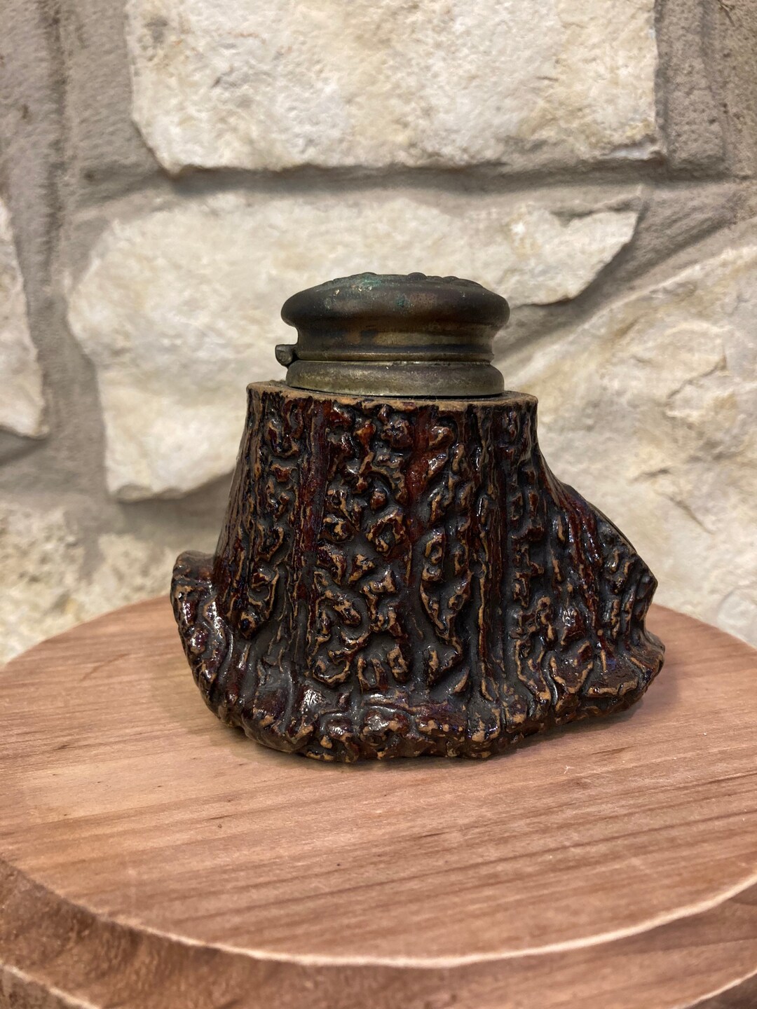 Vintage Carved Wood Tree Stump Inkwell, Vintage Desk Accessory, Inkwell ...