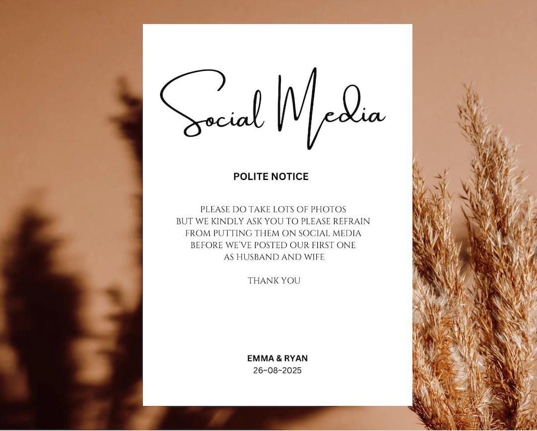 Minimalist Wedding No Social Media Sign Print Personalised Wedding No ...