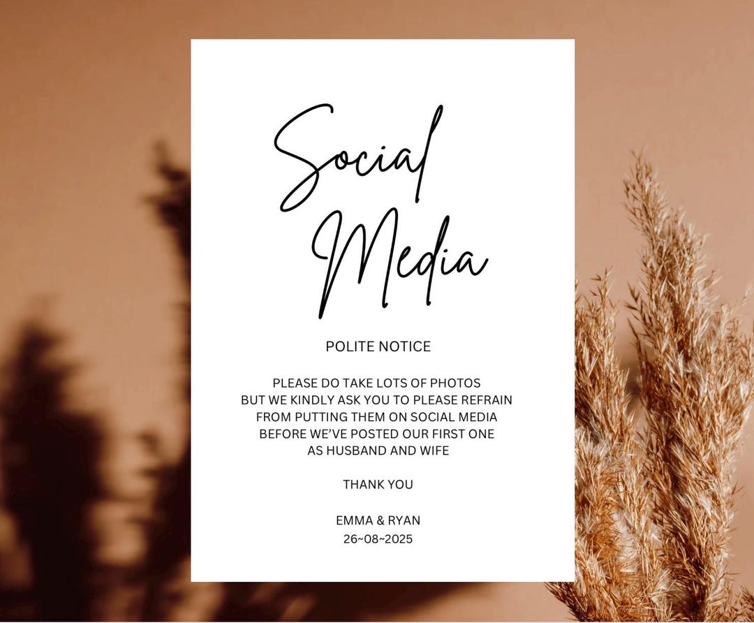 Minimalist Wedding No Social Media Sign Print Personalised Wedding No ...
