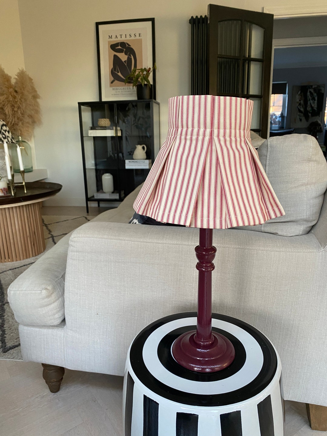 Pleated Lampshade | Box Pleat Lampshade | Raspberry Red Ticking Fabric ...