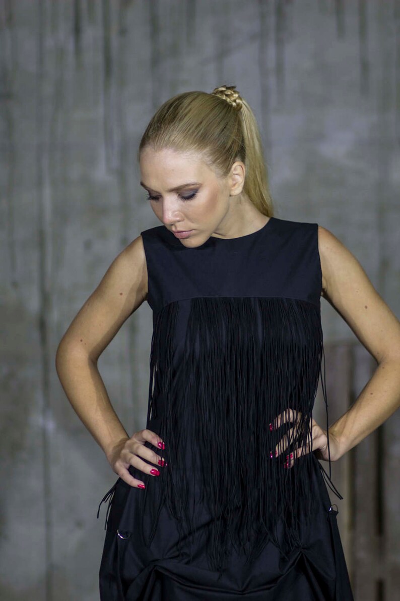 High Low Black Fringe Dress Adjustable Length Dress With - Etsy