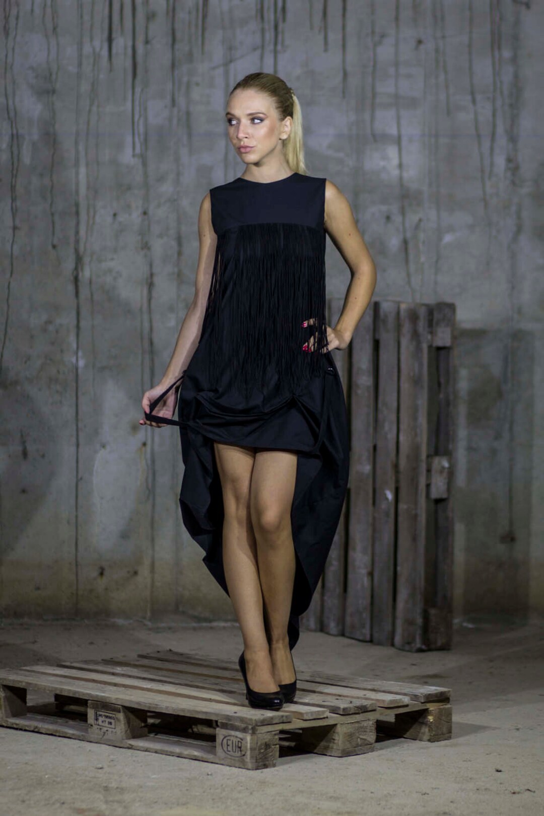 High Low Black Fringe Dress Adjustable Length Dress With - Etsy