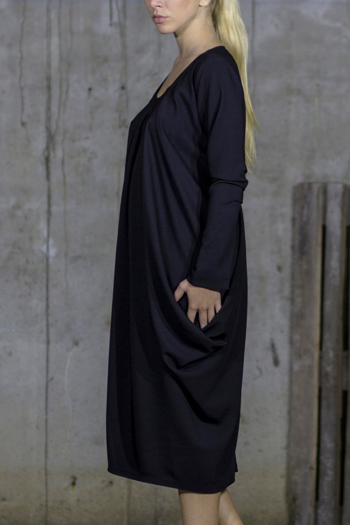 Amphora Black Evening Dress Full Slit Sleeve Zip Dress Back Zip Dress ...