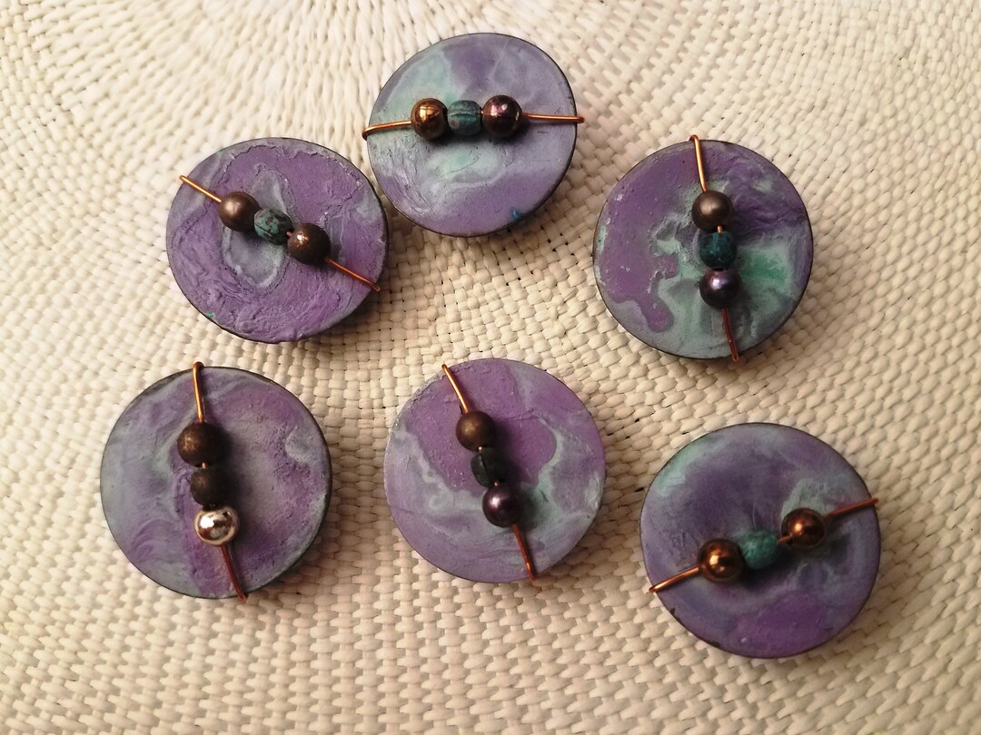 Vintage Beaded Button Covers, Set of 2 Purple & Teal Metal, Beaded and Wired, Southwest ...