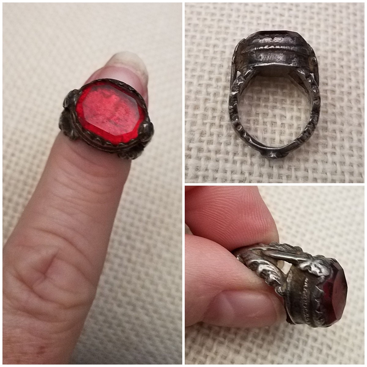 Vintage Silver Ring from Pakistan Size 4 Red Glass Center | Etsy