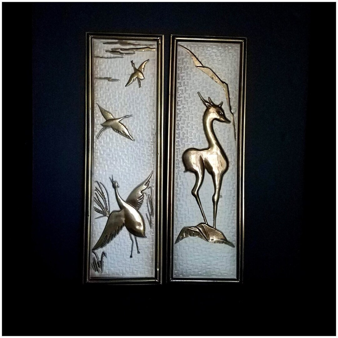 Vintage MCM Brass Deer & Brass Crane Wall Hangings, Embossed, Hammered ...