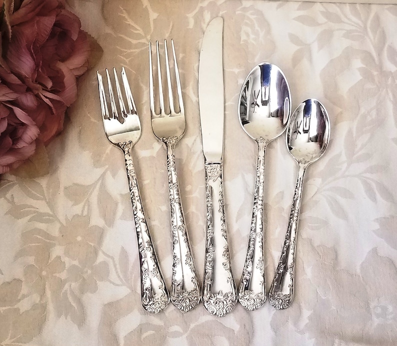 ENCHANTED ROSE Silverplate Flatware by Rogers, Ornate Floral Silverware ...