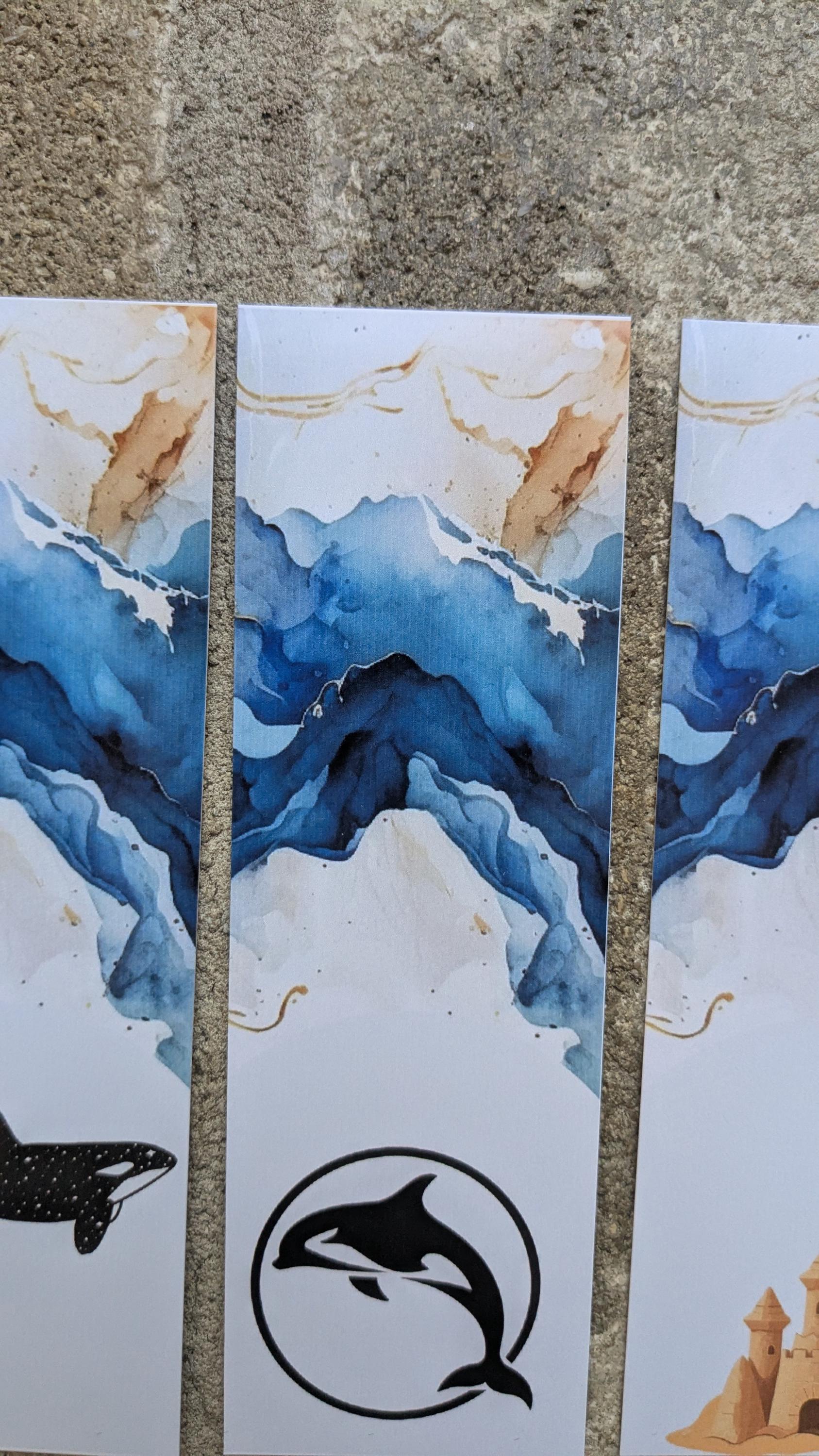 Ocean Themed Bookmarks Sandcastle Orca Dolphin Marble Background Sea ...