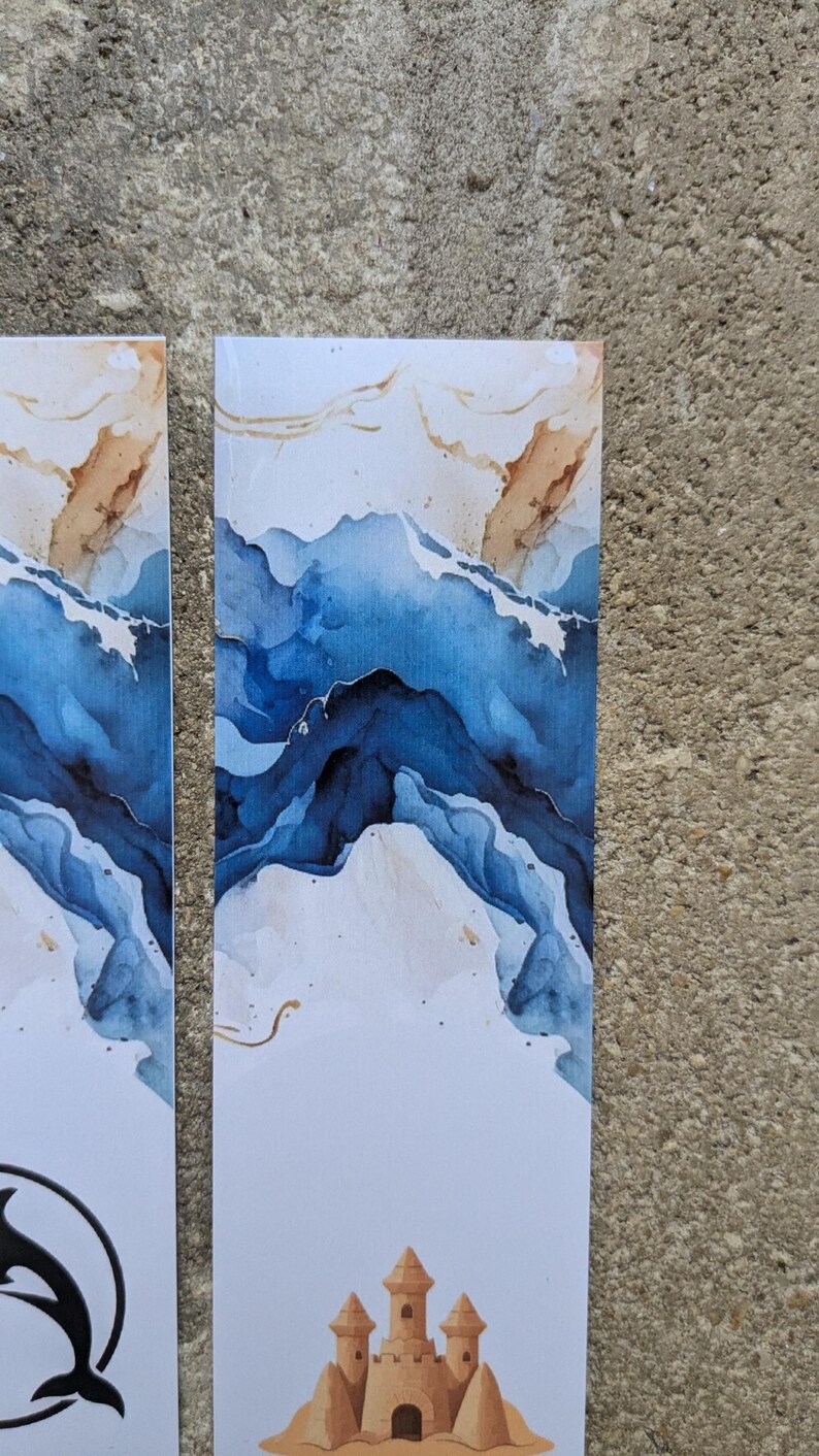 Ocean Themed Bookmarks Sandcastle Orca Dolphin Marble Background Sea ...
