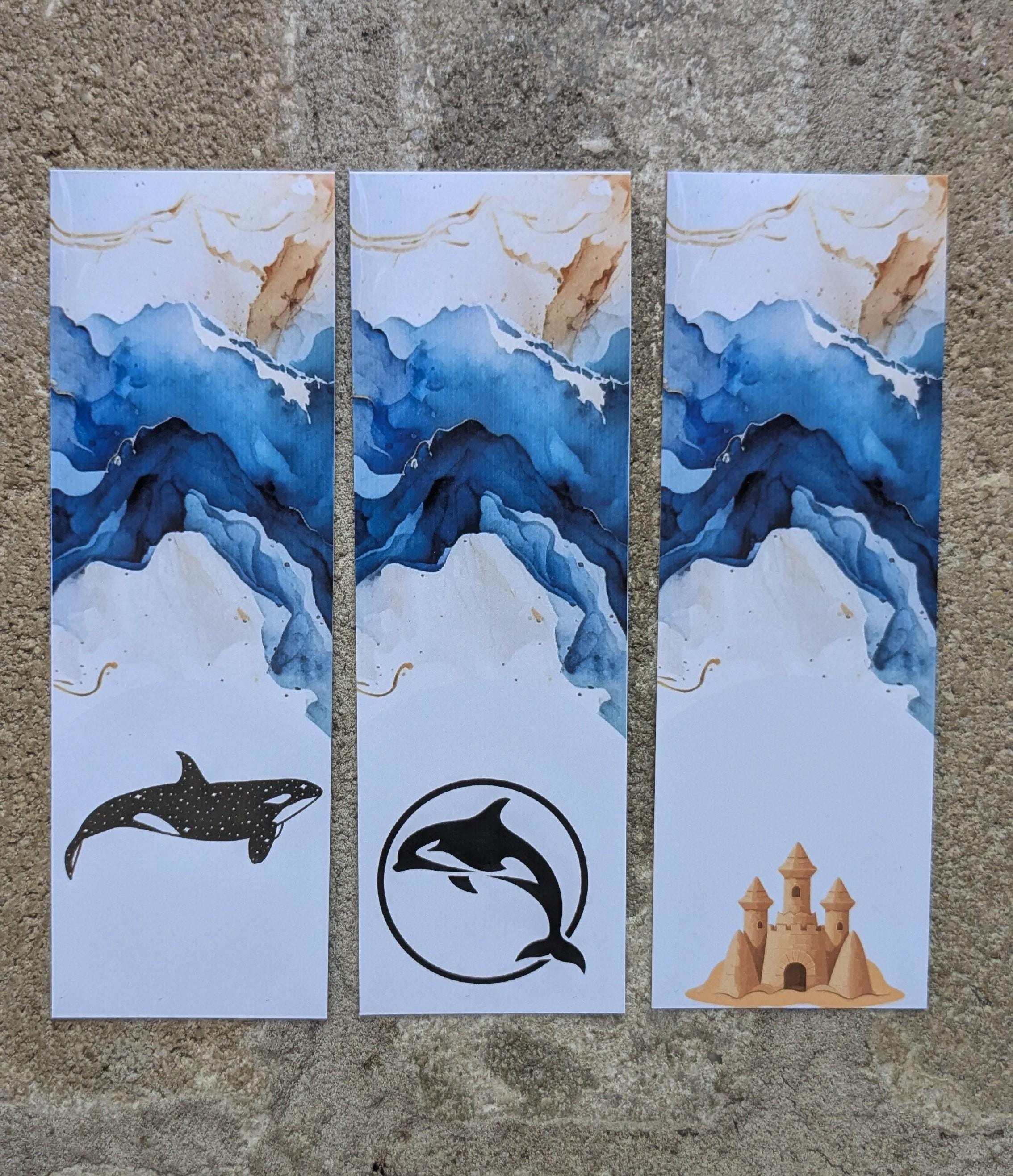 Ocean Themed Bookmarks Sandcastle Orca Dolphin Marble Background Sea ...