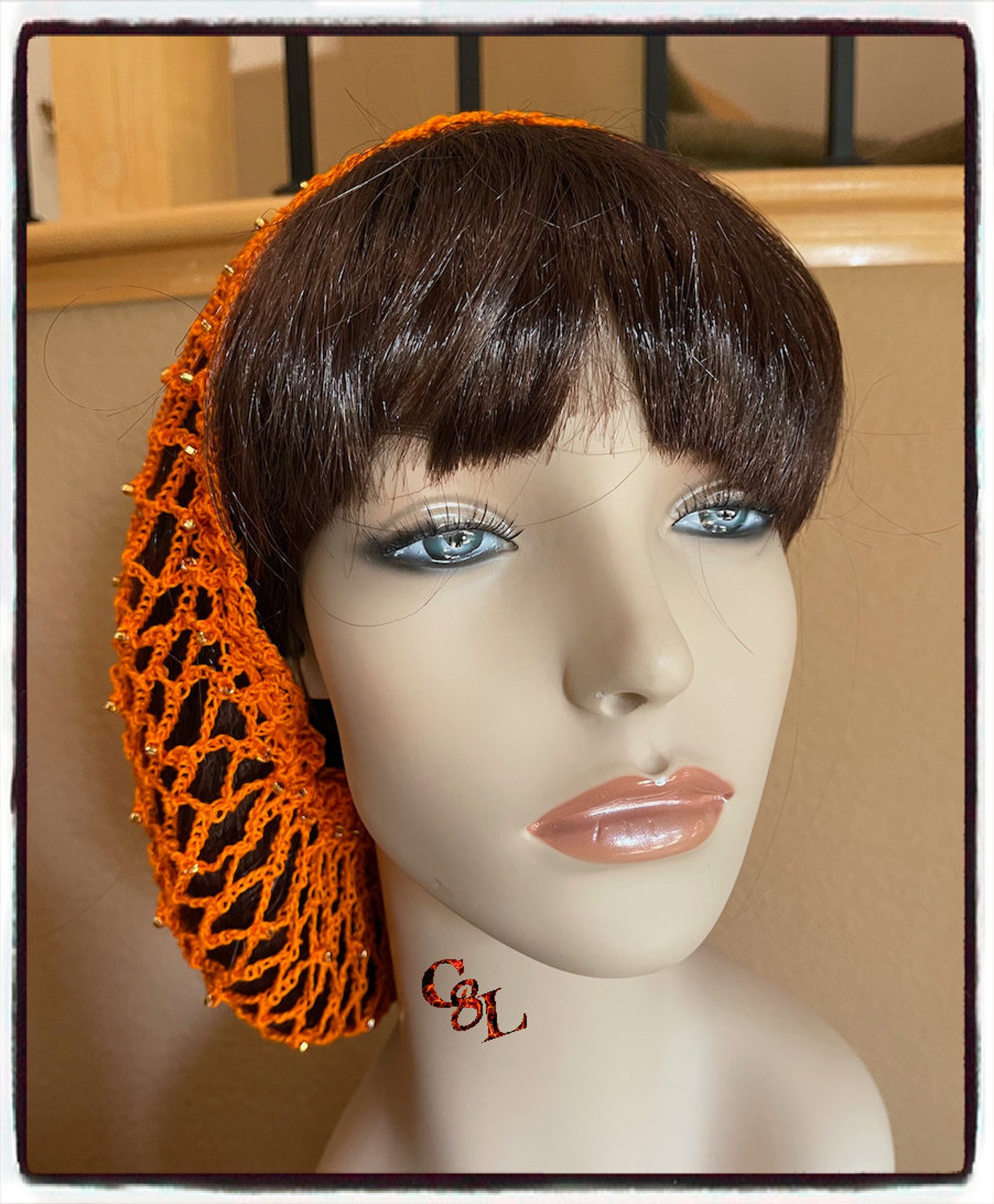 Medieval Renaissance Victorian Orange Snood With Gold Lined Glass Beads ...