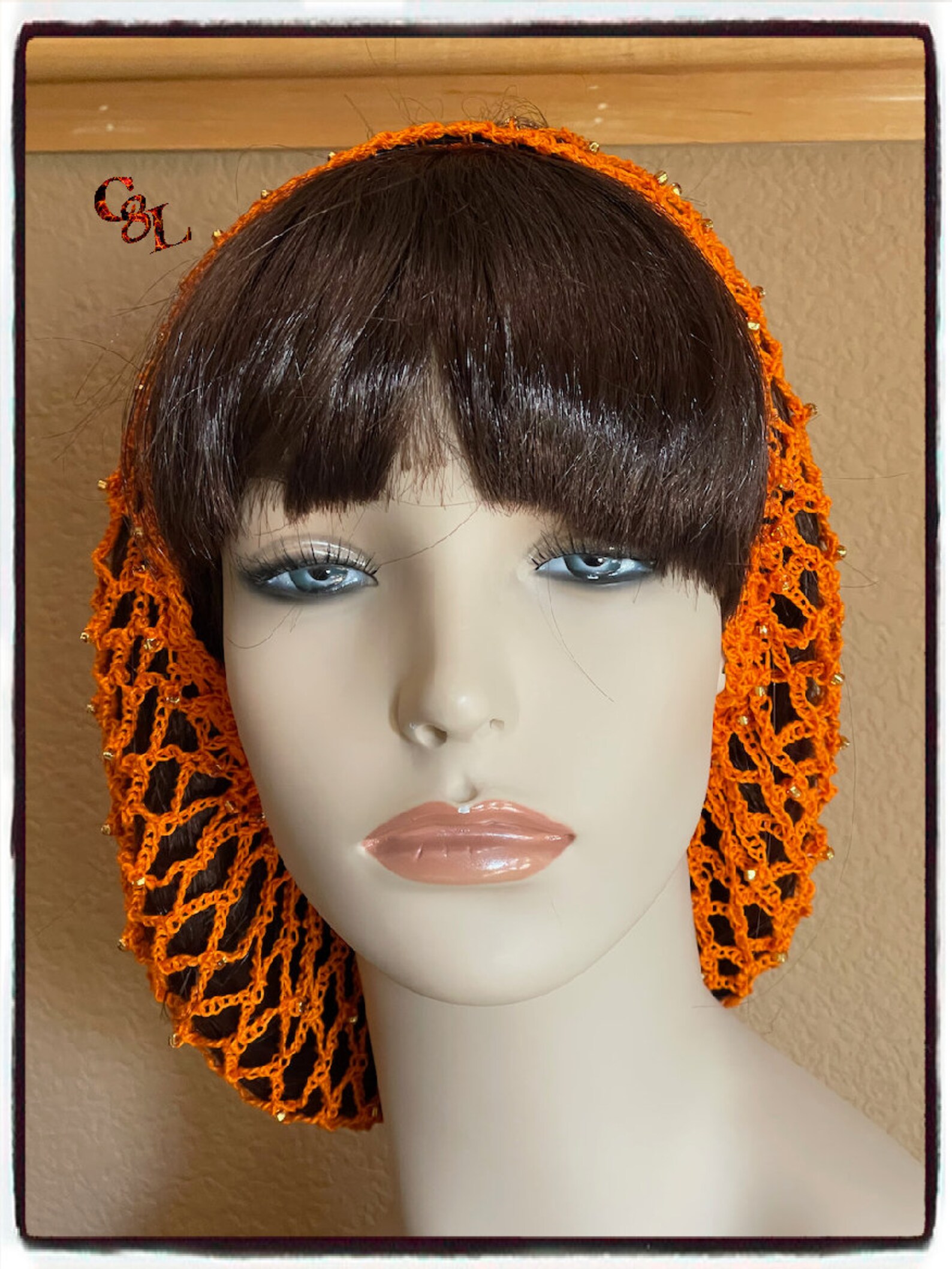 Medieval Renaissance Victorian Orange Snood With Gold Lined Glass Beads ...