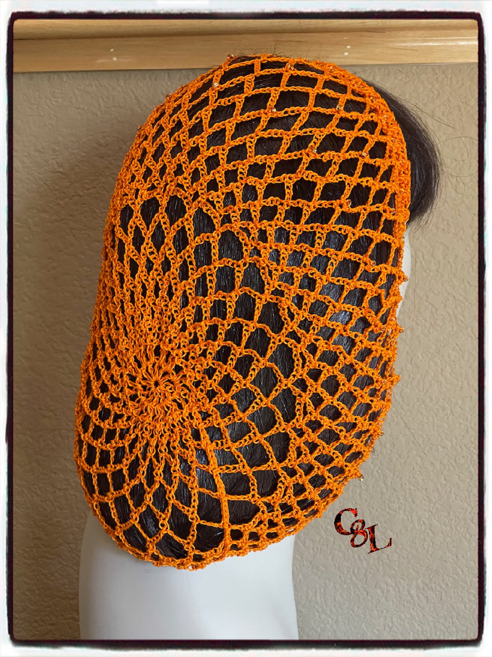 Medieval Renaissance Victorian Orange Snood With Gold Lined Glass Beads ...