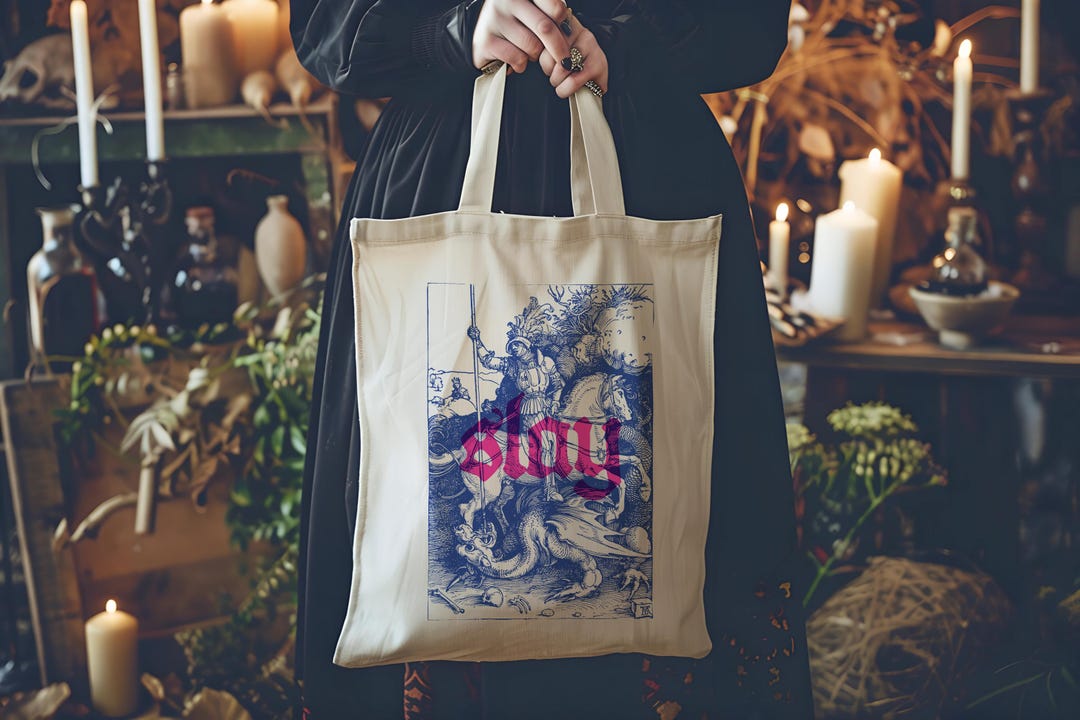 Medieval Knight Tote Bag With Vintage Dragon Slayer Print, Castlecore ...