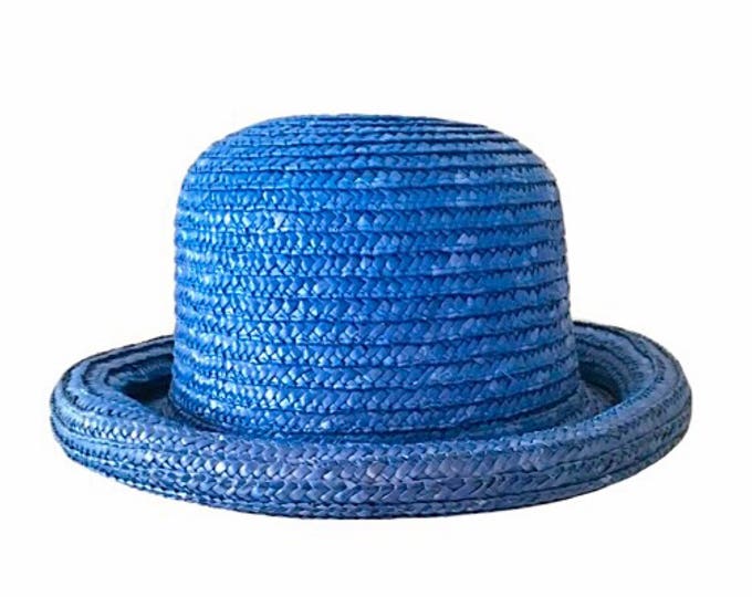 80's Vintage Blue Straw Derby Bowler Hat With Rolled Brim - Etsy