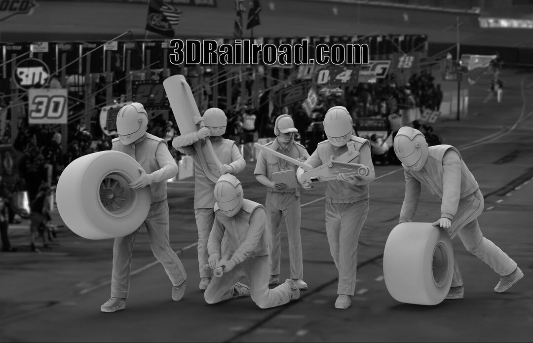 N Scale 1/160 Nascar Indy Pit Crew 6 Figures Printed in 14k Grey Resin ...