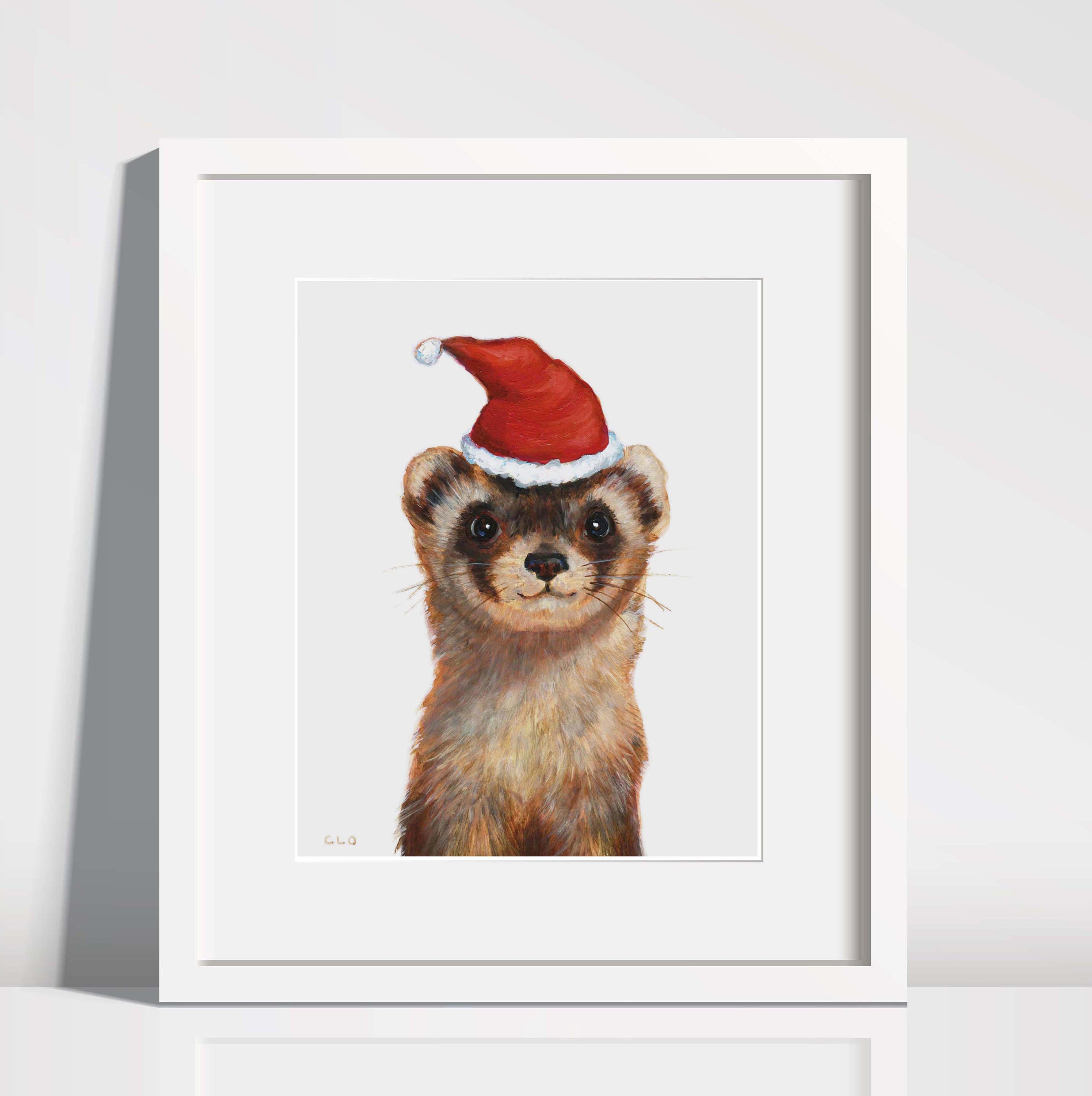 Christmas Ferret Print of a Happy Holiday Ferret, Ferret in a Santa Hat ...