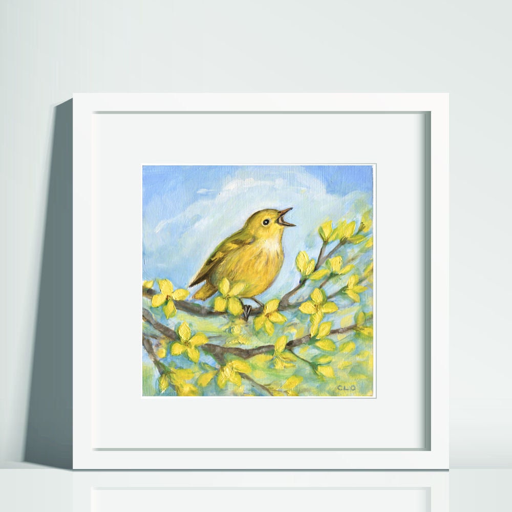 Warbling Warbler Print: Songbird Fine Art, Floral Forsythia - Etsy