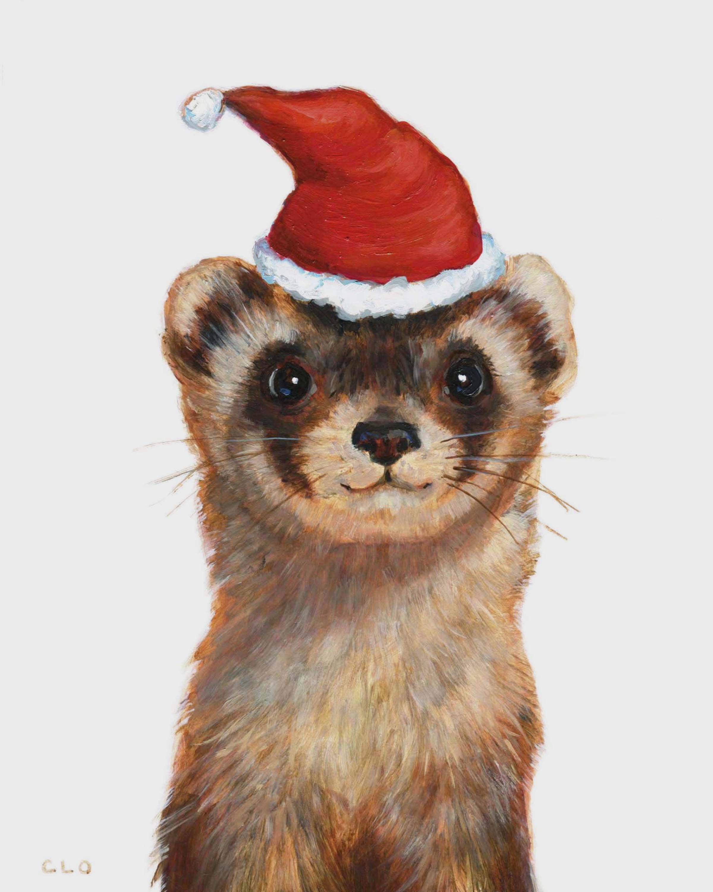 Christmas Ferret Print of a Happy Holiday Ferret, Ferret in a Santa Hat ...