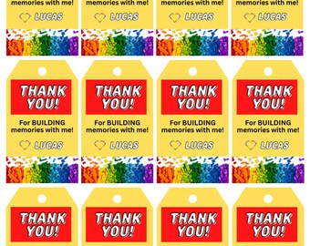 Colourful Bricks Thank You Labels for Birthday Decor, Custom Name Thank ...