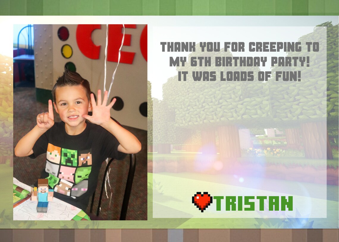 Personalized Pixelated Theme Birthday Party Thank You Card With Picture ...