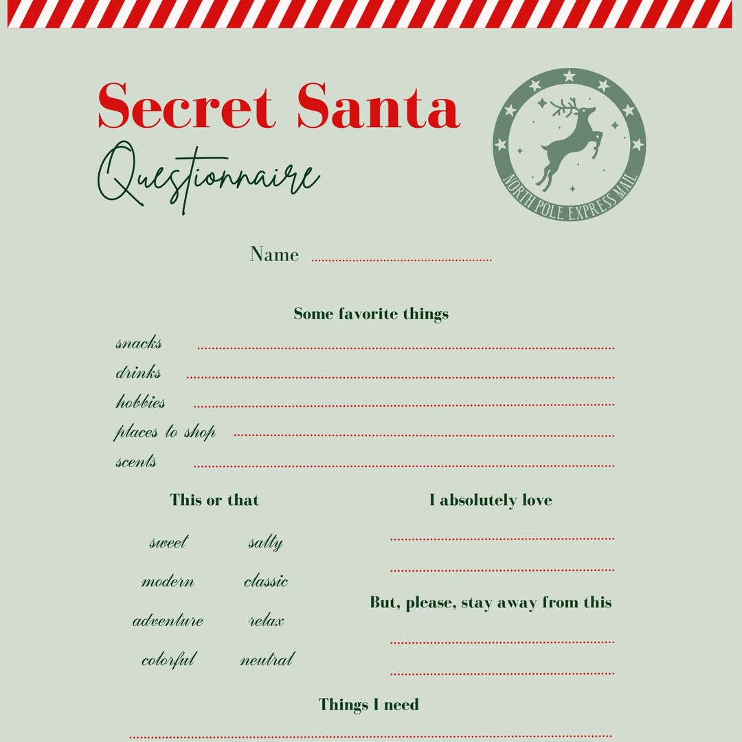 Secret Santa Gift Exchange Questionnaire Survey List and List for ...