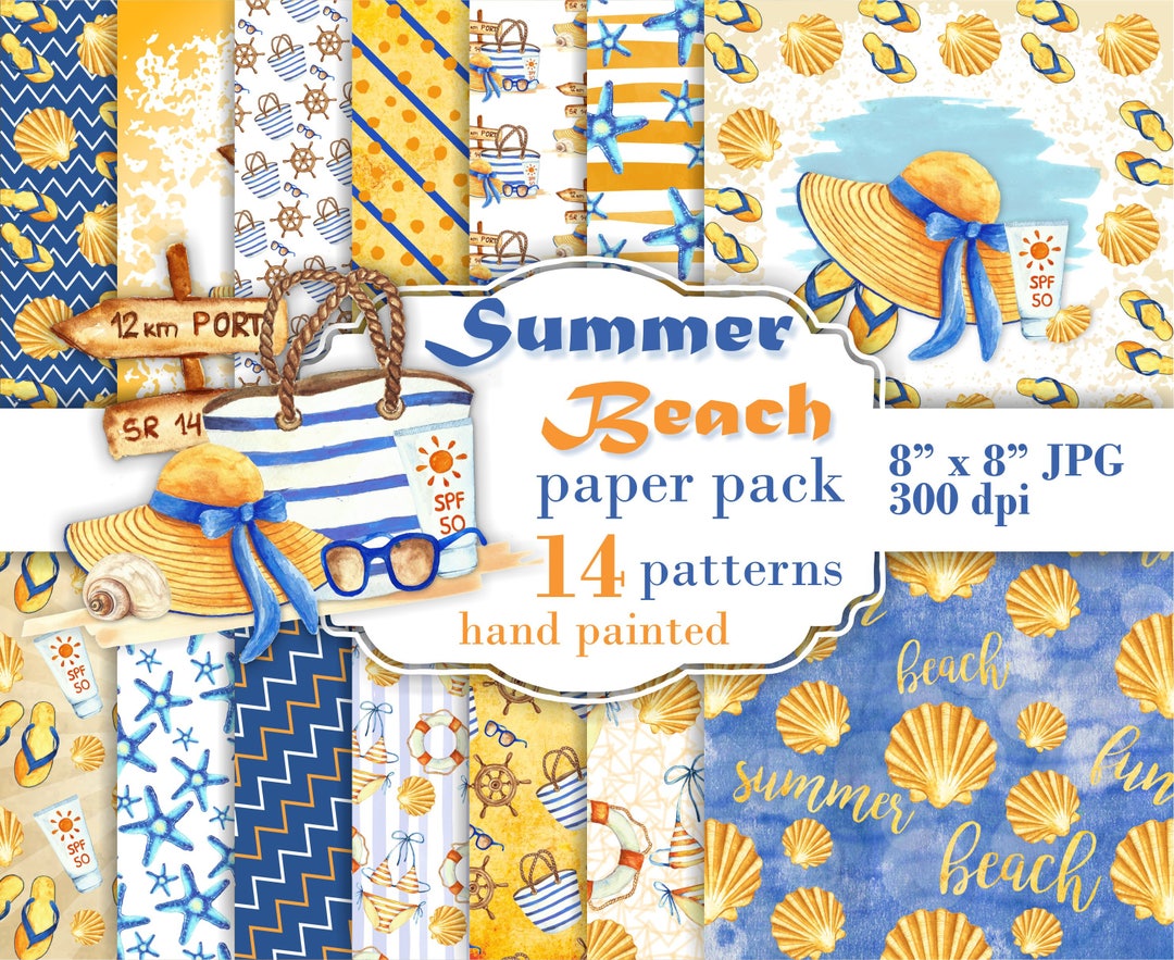 Summer Beach Paper Pack. Summer Digital Paper Blue Orange. Scrapbook ...