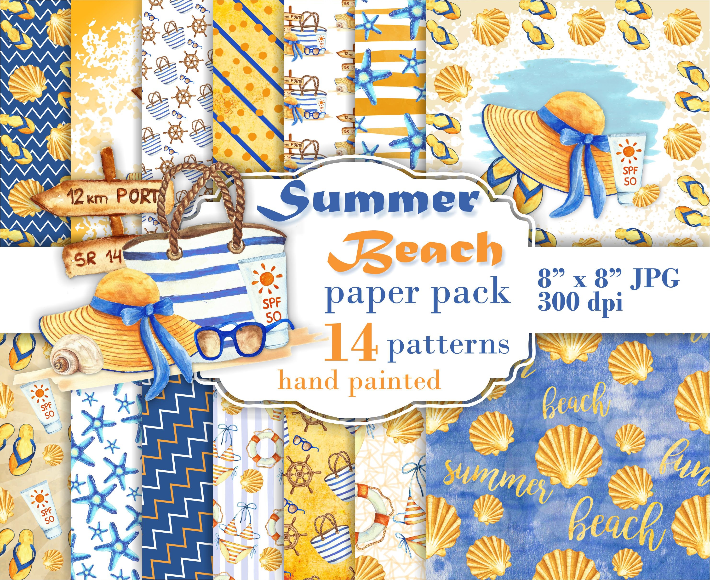 Summer Beach Paper Pack. Summer Digital Paper Blue Orange. Scrapbook ...