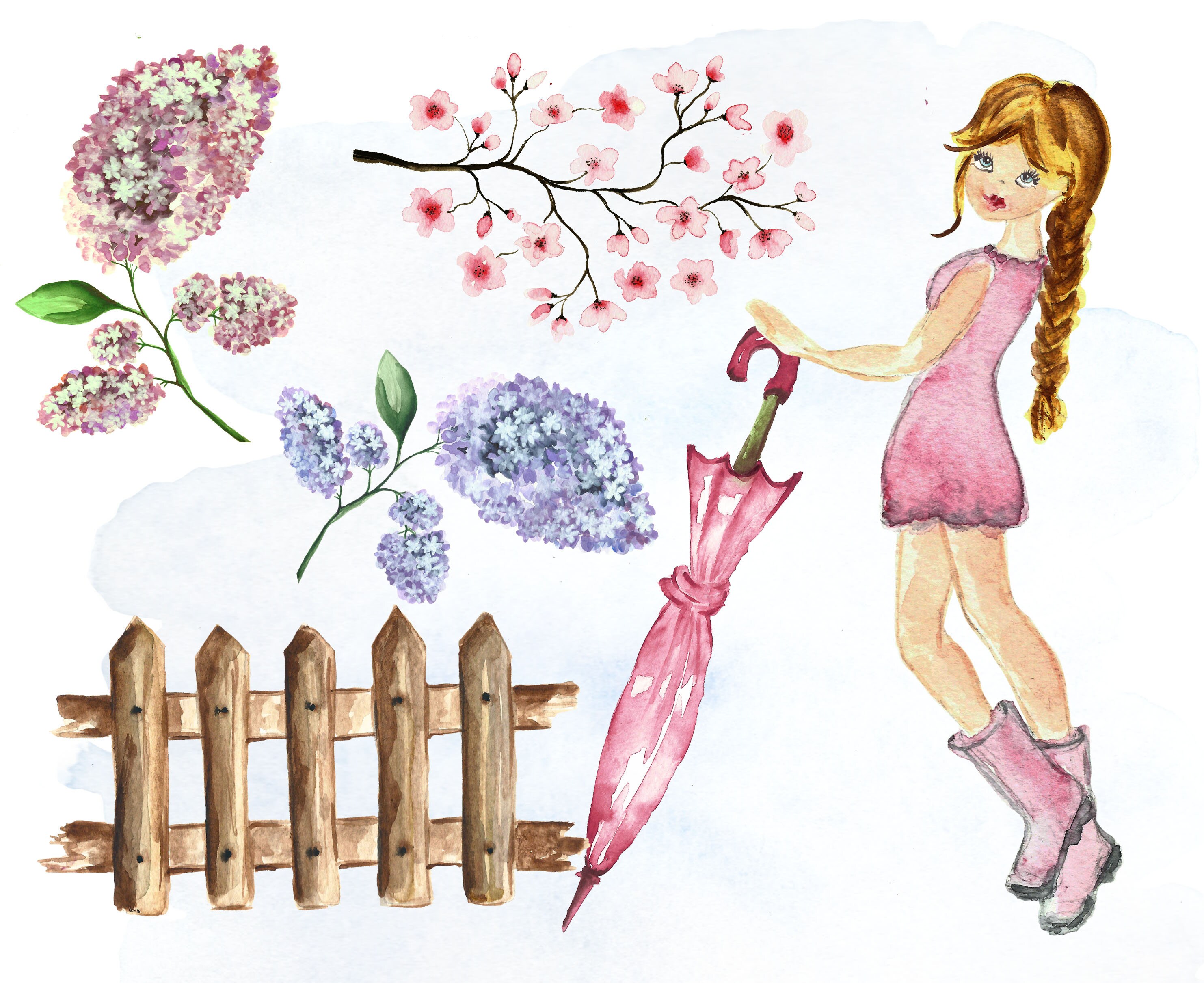 Spring Garden Watercolor Clipart. Garden Tools Clip Art. Spring Flowers ...