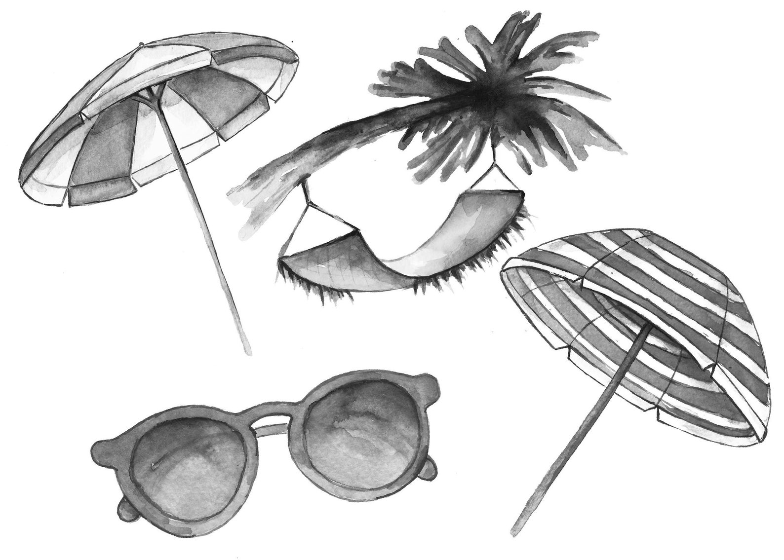 Watercolor Summer Clip Art Black and White . Beach Clipart Set ...