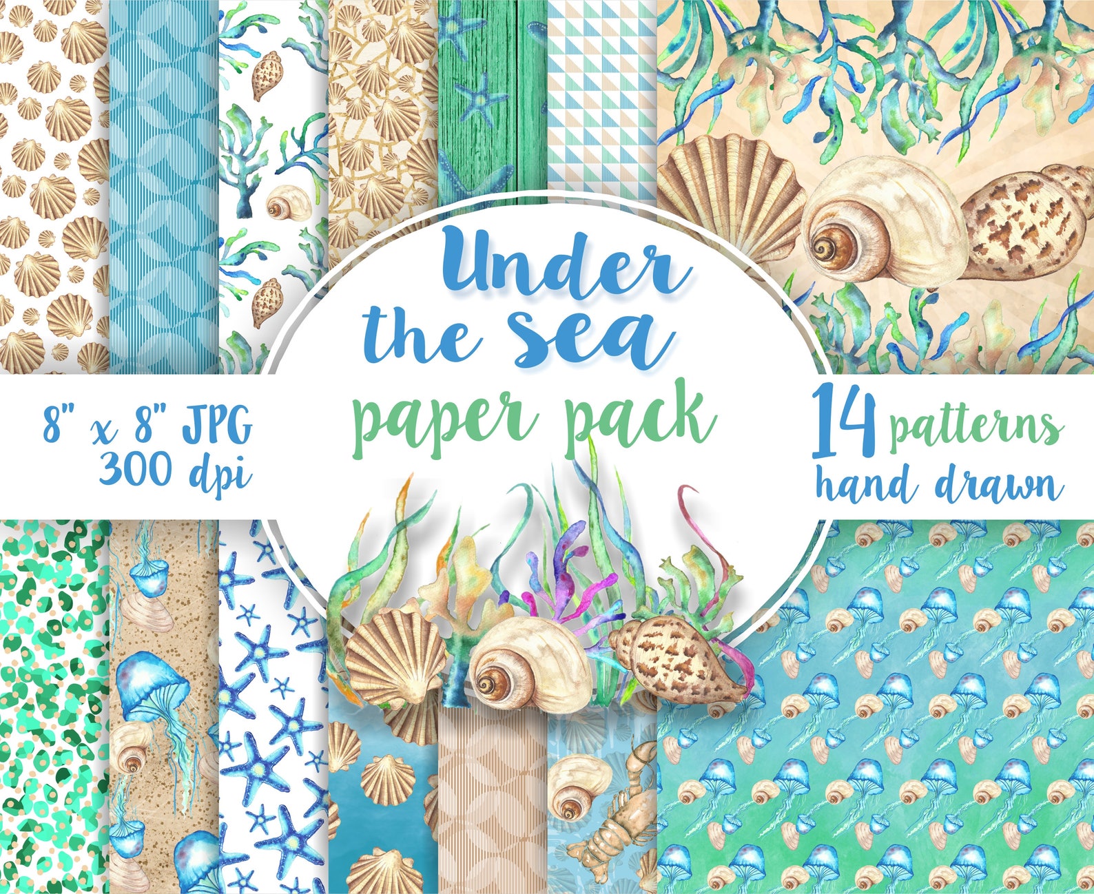 Under the Sea Paper Pack. Shell Paper Watercolor. Sea Pattern ...
