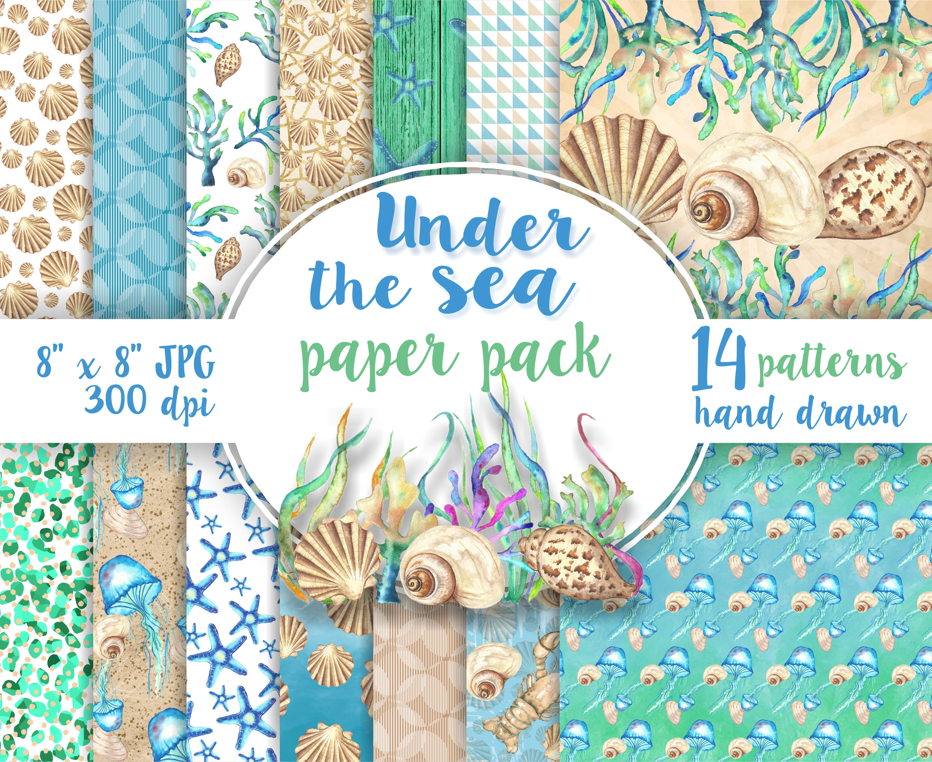 Under the Sea Paper Pack. Shell Paper Watercolor. Sea Pattern ...