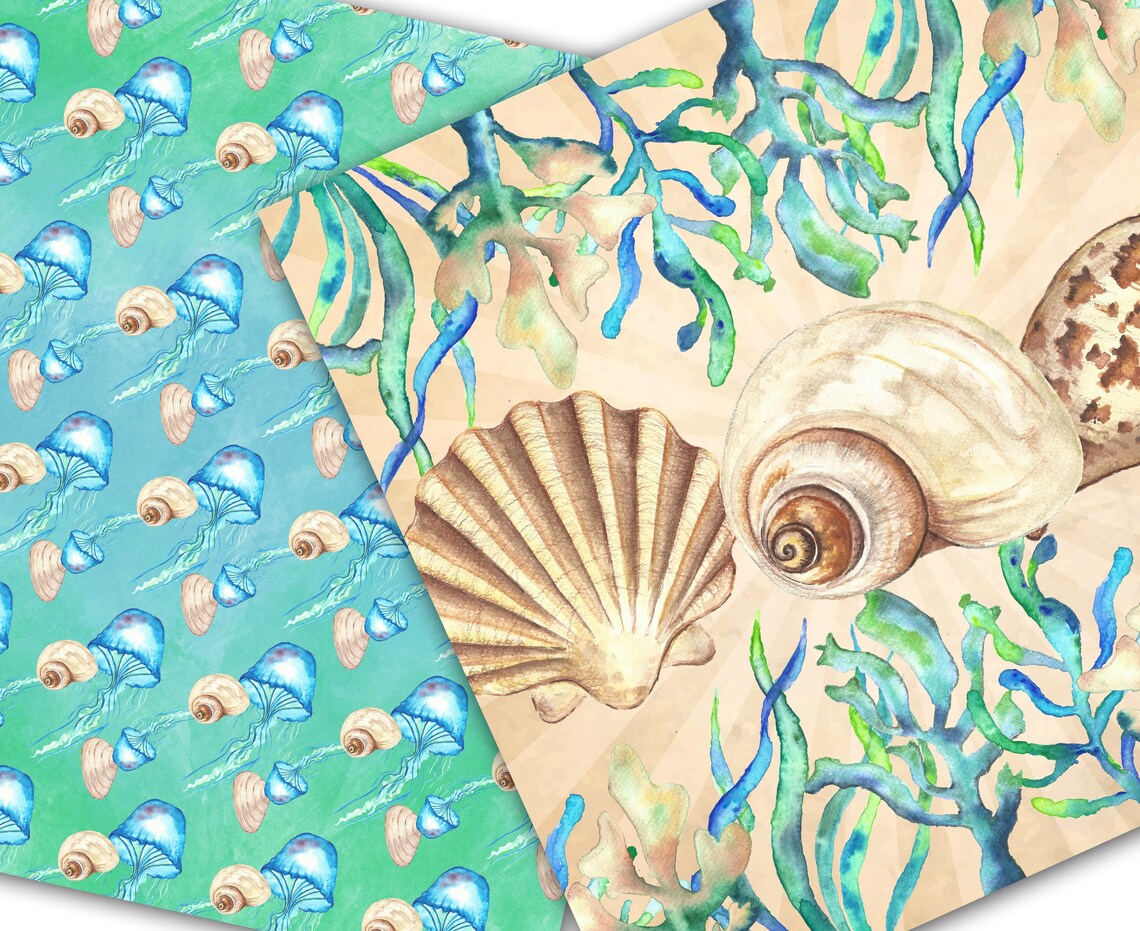 Under the Sea Paper Pack. Shell Paper Watercolor. Sea Pattern ...