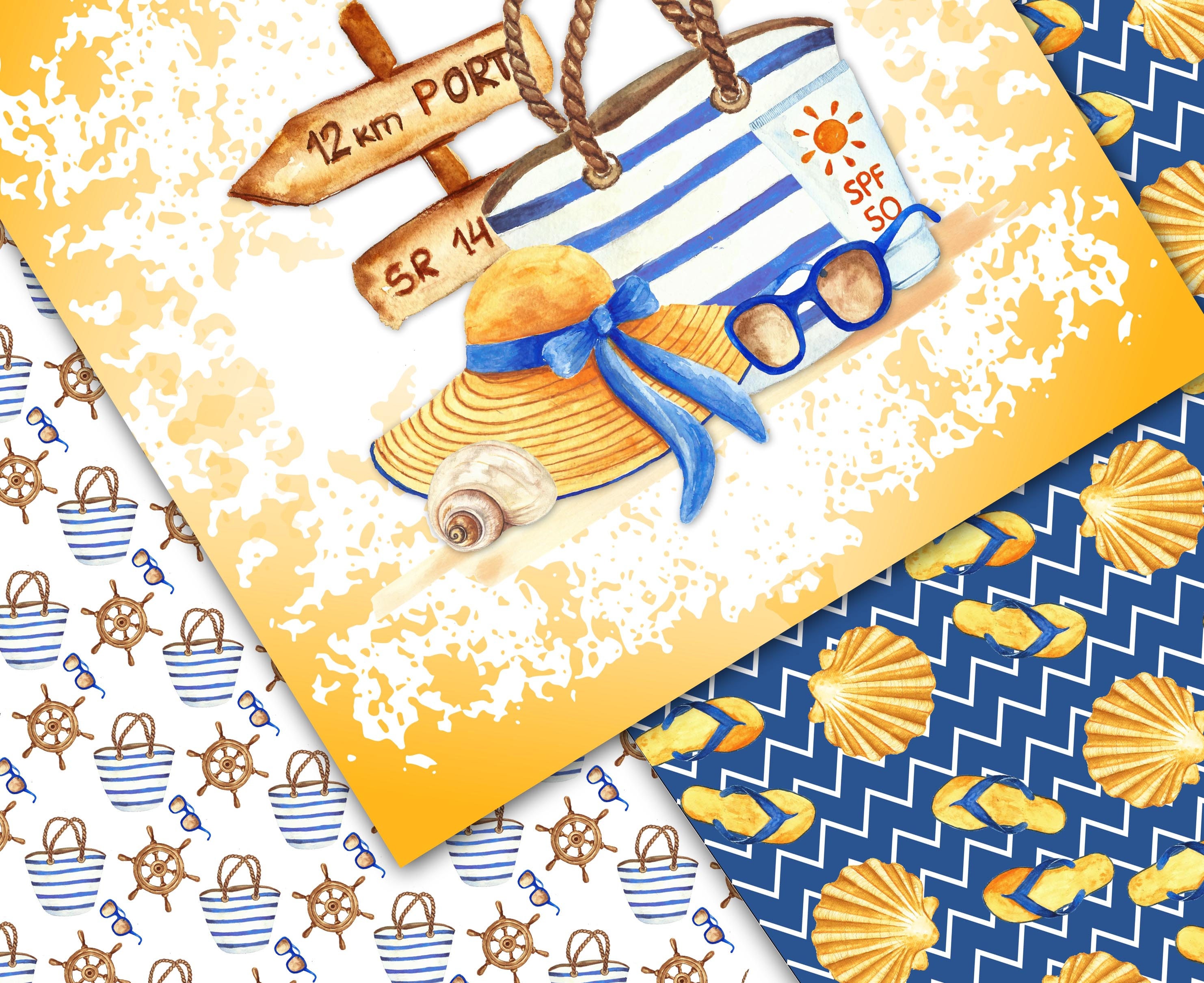 Summer Beach Paper Pack. Summer Digital Paper Blue Orange. Scrapbook ...