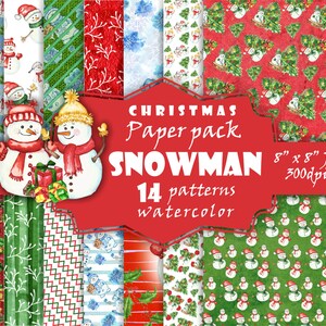 Christmas Snowman Paper Pack. Snowmen Background Watercolor. Christmas ...