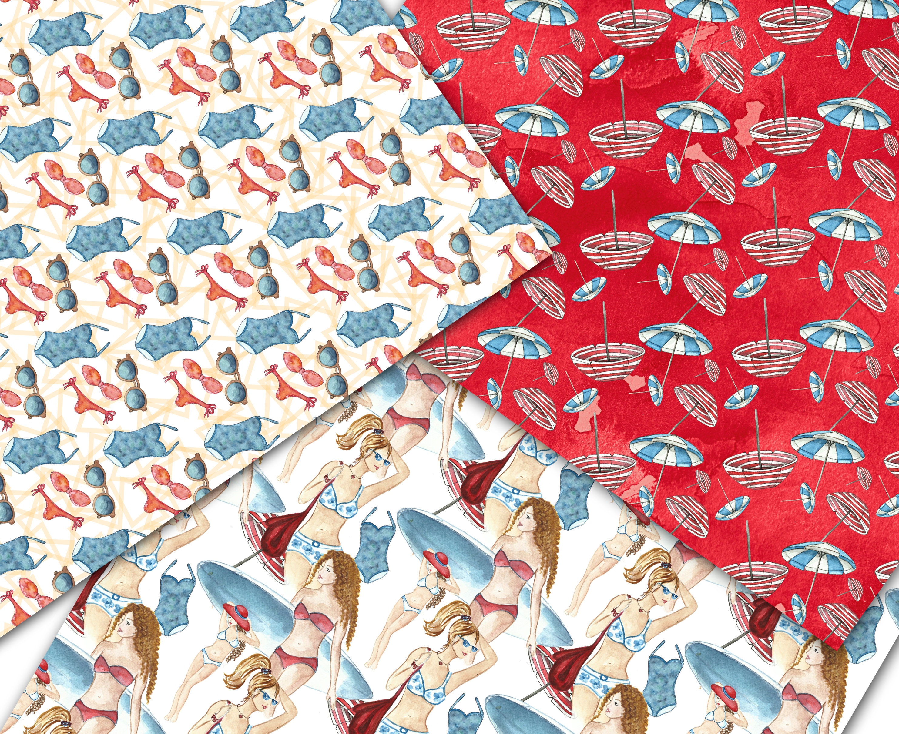 Summer Watercolor Paper. Paper Pack Vacation. Beach Paper Blue Red ...