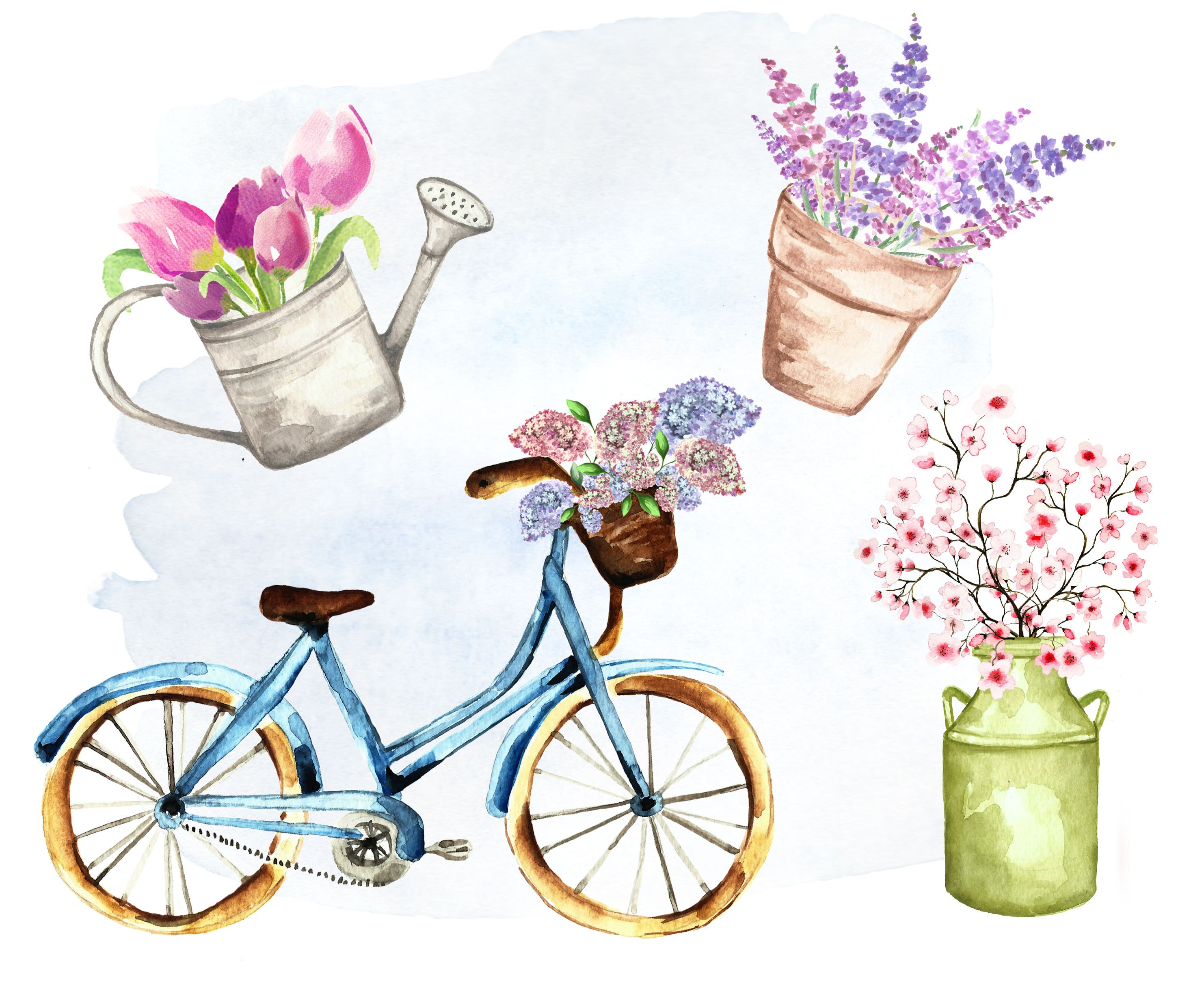 Spring Garden Watercolor Clipart. Garden Tools Clip Art. Spring Flowers ...