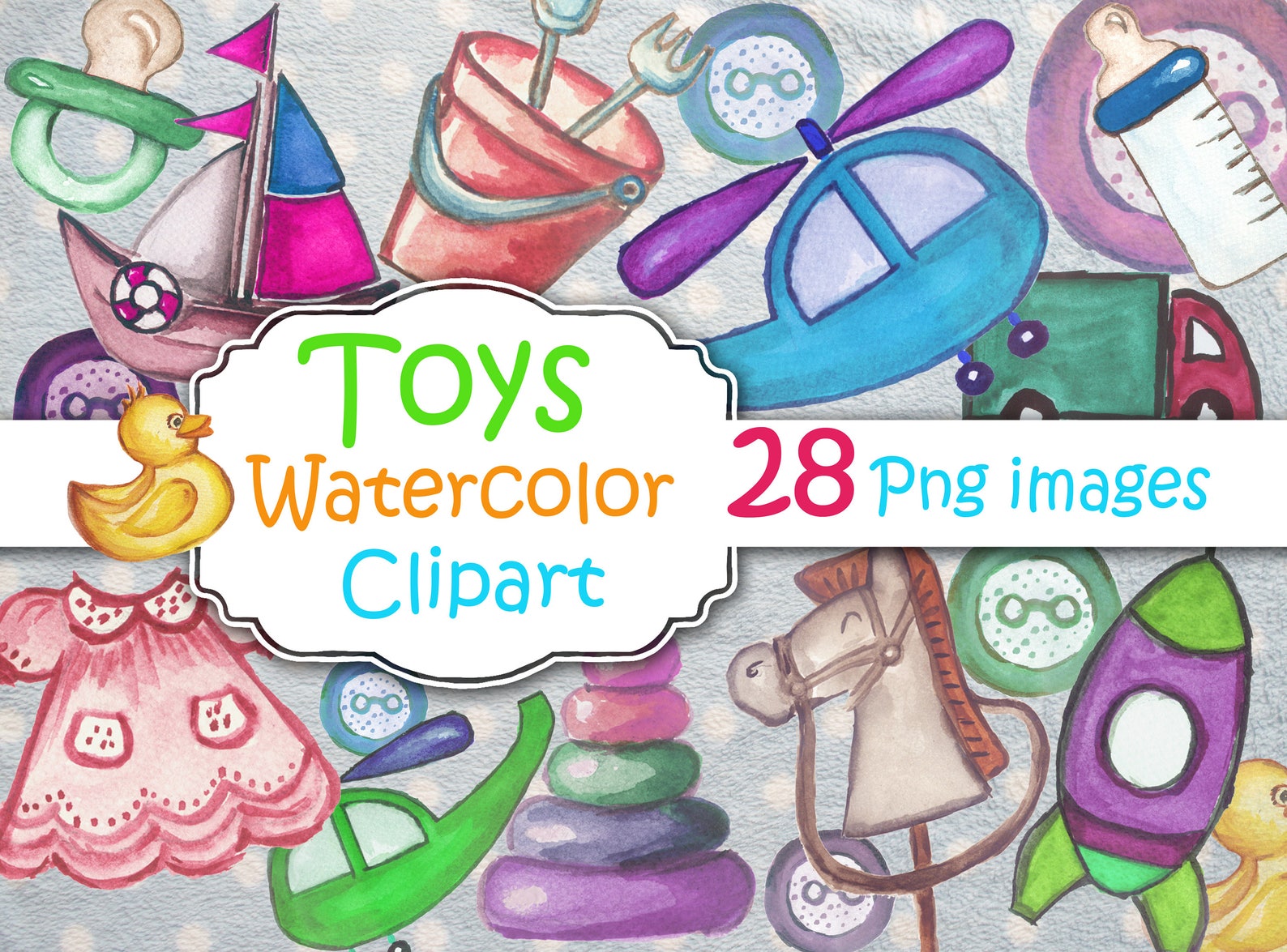 Watercolor Baby Toys Clipart, Cute Rabbit and Toys Clipart. Kids Toys ...