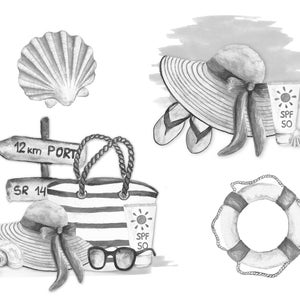 Summer & Beach Black and White Watercolor Clipart, Summer Clip Art ...